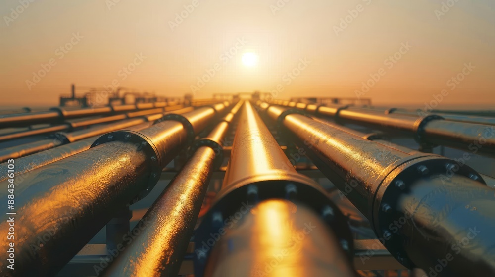 Metal pipes stretch through a crude oil factory as the sun dips below ...