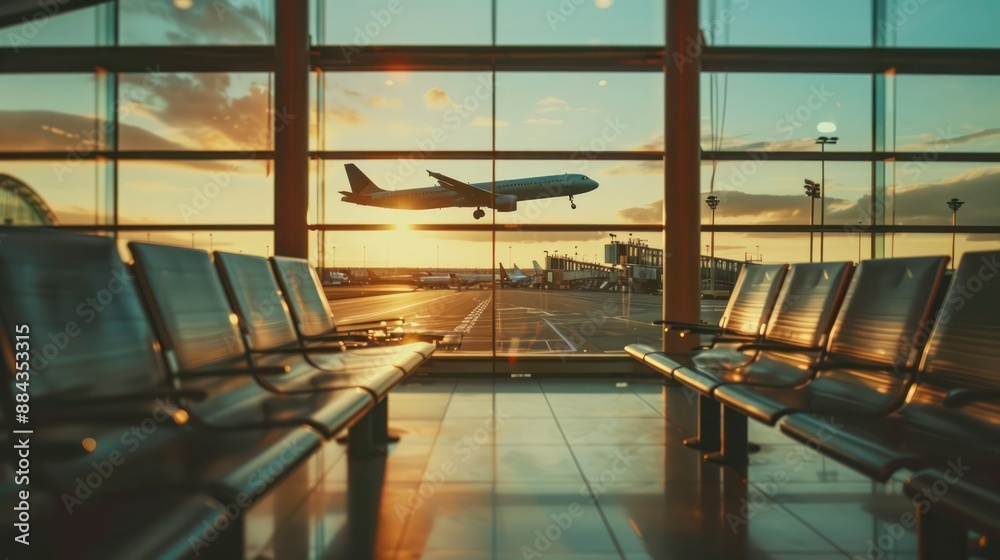 Airplane taking off seen through airport terminal window. View from ...
