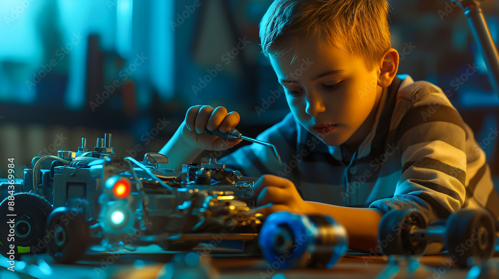 Boy using screwdriver while fixing bolts on a robot vehicle. Smart kids ...