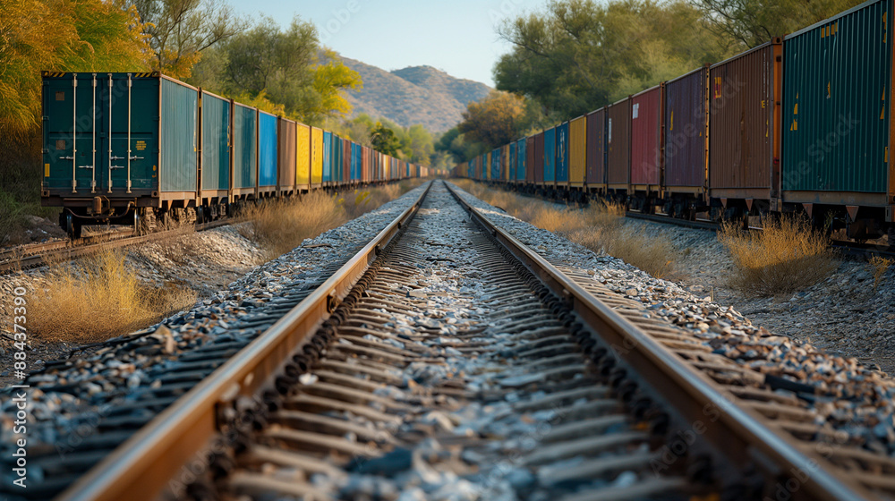 A railway track with multiple freight cars lined up on either side. The ...