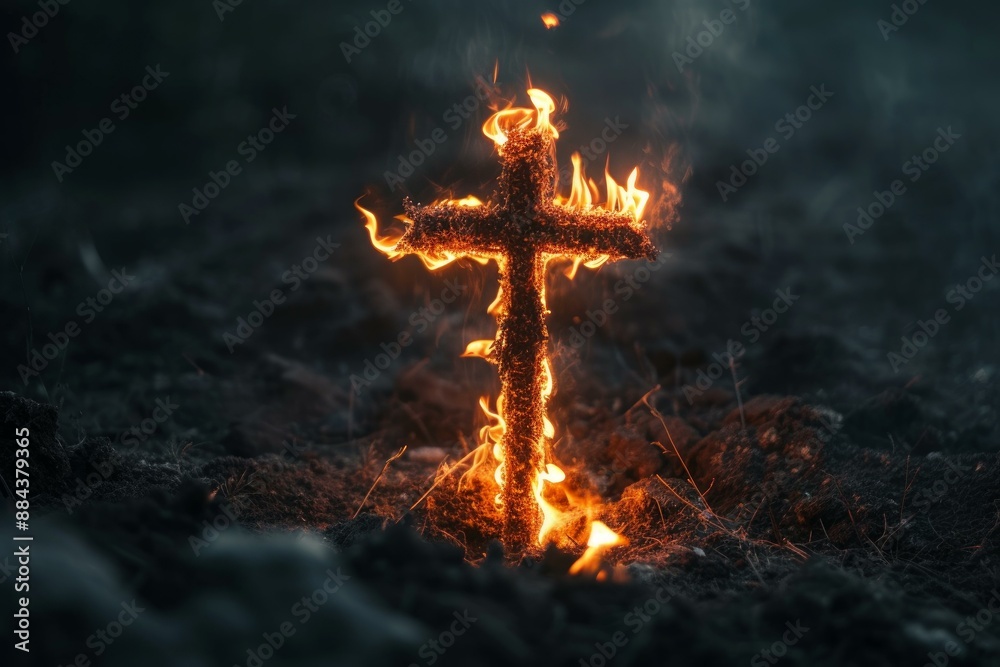 Fiery and dramatic flaming cross burning at twilight. A powerful ...