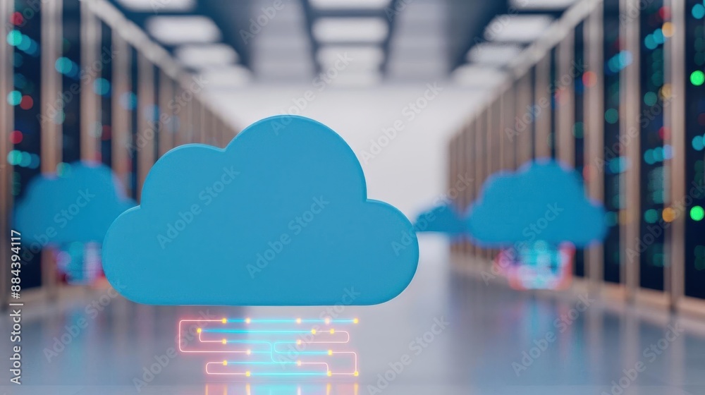Blue cloud icon floating above server racks in data center. Concept of ...