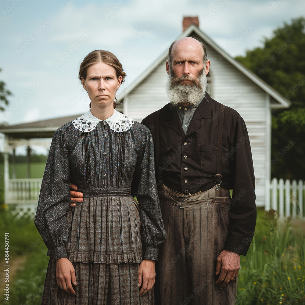 Iconic American Gothic farmers, married couple in modest rural costumes ...