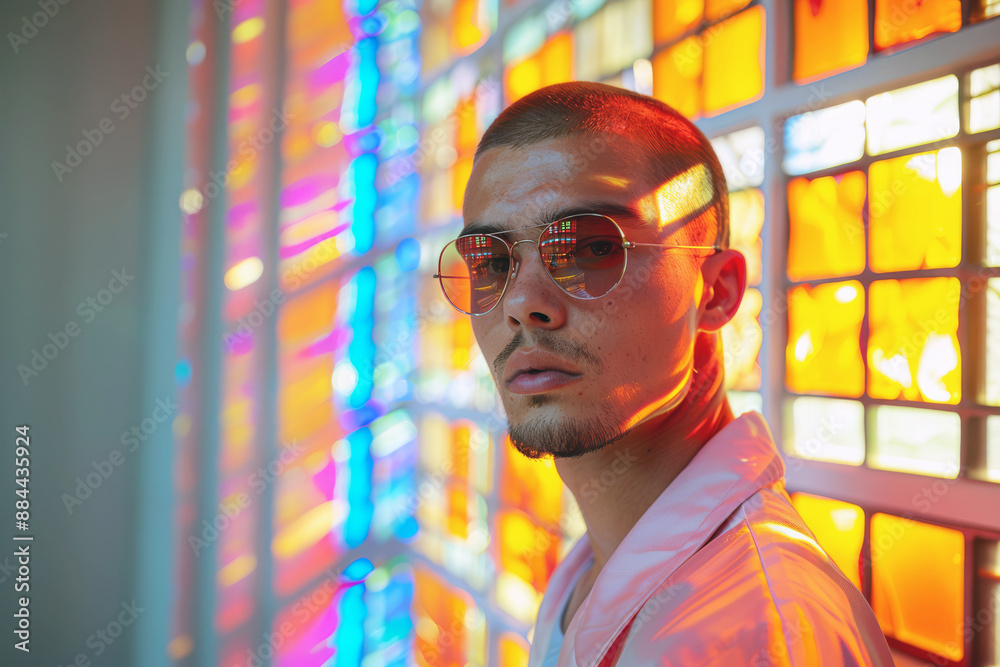 Stylish young man wears sunglasses and poses against a white wall, lit ...