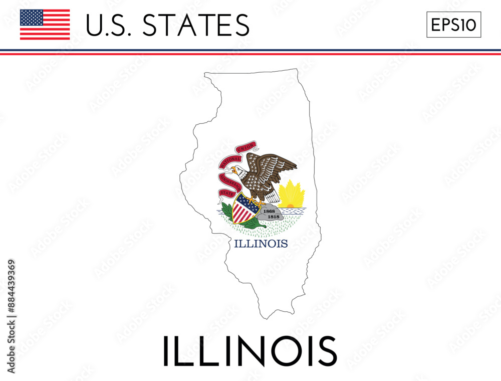 Illinois USA state map shape with flag. Map of Illinois in the Illinois ...