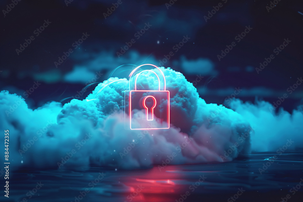 Neon lock symbol on a glowing cloud with dark sky background and ...