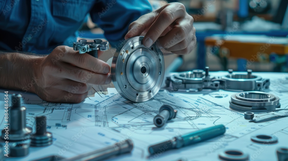 Engineer technician designing drawings mechanical parts engineering ...