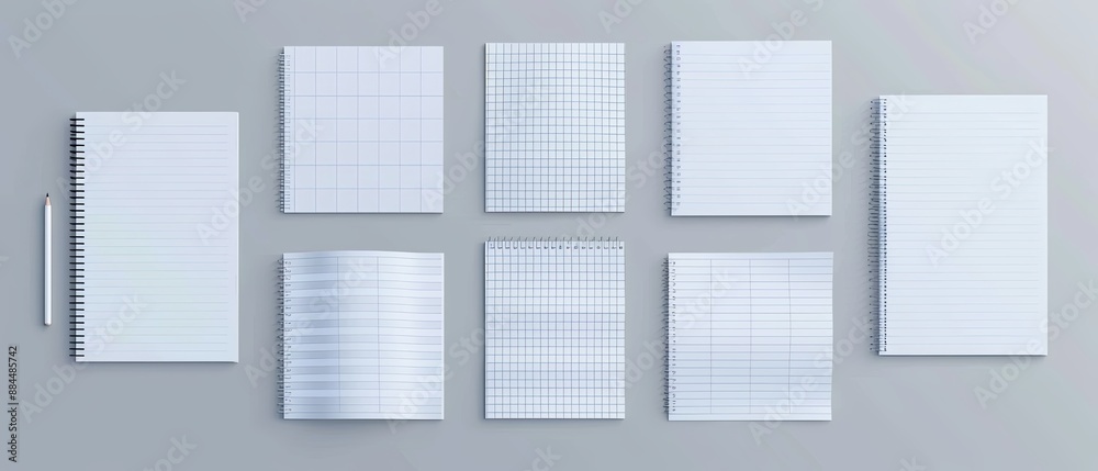Set of White Lined and Checkered Paper Sheets on Gray Background. Blank ...