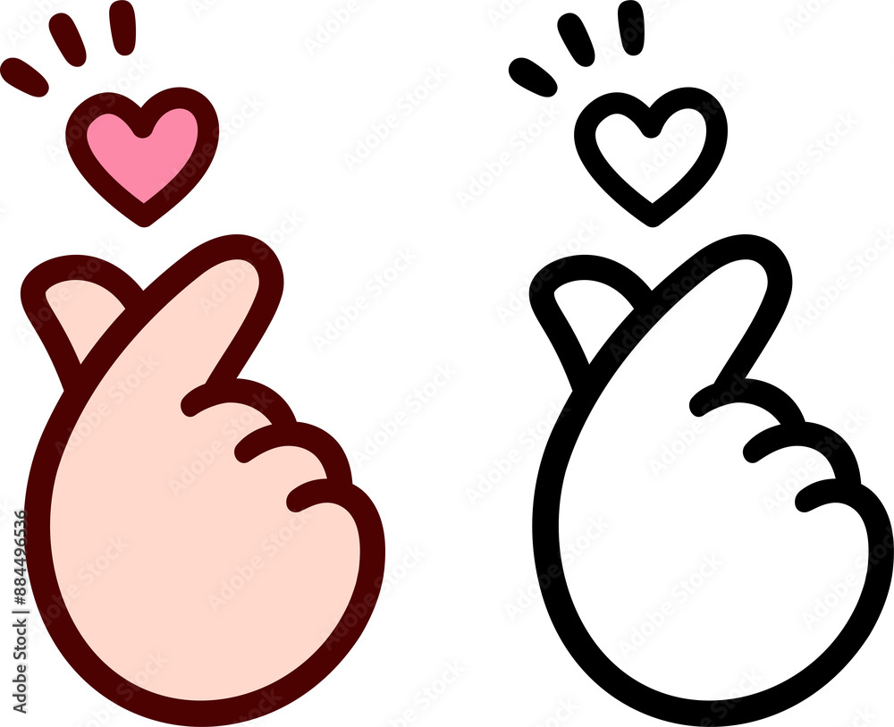 Kawaii Chibi style hand making finger heart gesture. Black and white ...