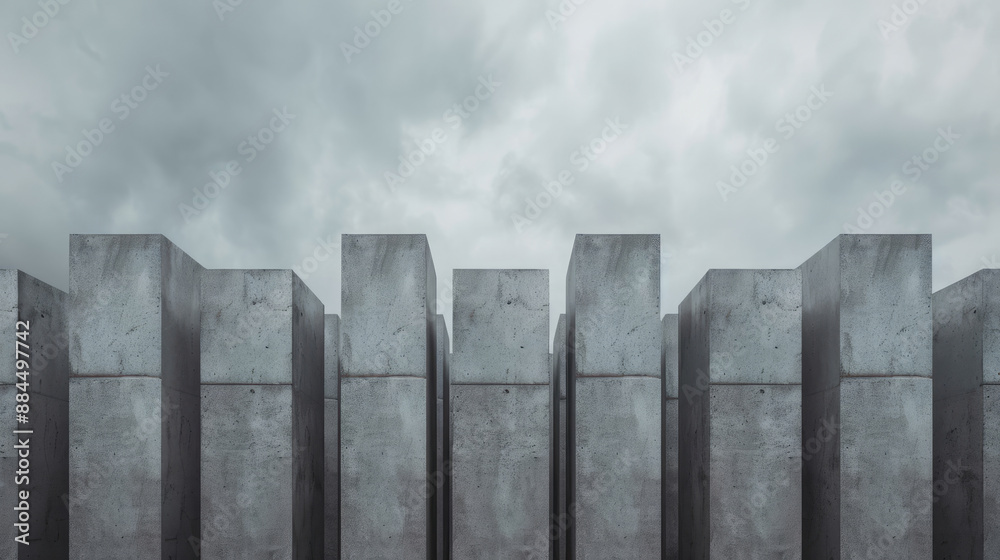 Symmetrical concrete pillars stand tall under an overcast sky, creating ...