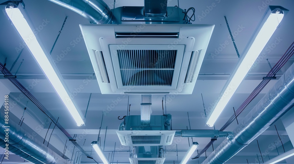 Detailed illustration of ceilingmounted cassettetype air conditioning ...