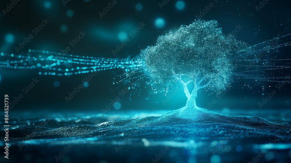 Business growth concept featuring a glowing digital tree with expanding ...