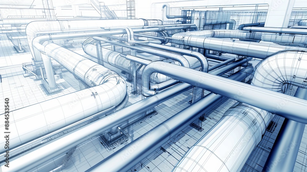 3D illustration blueprint of an architectural ventilation system design ...