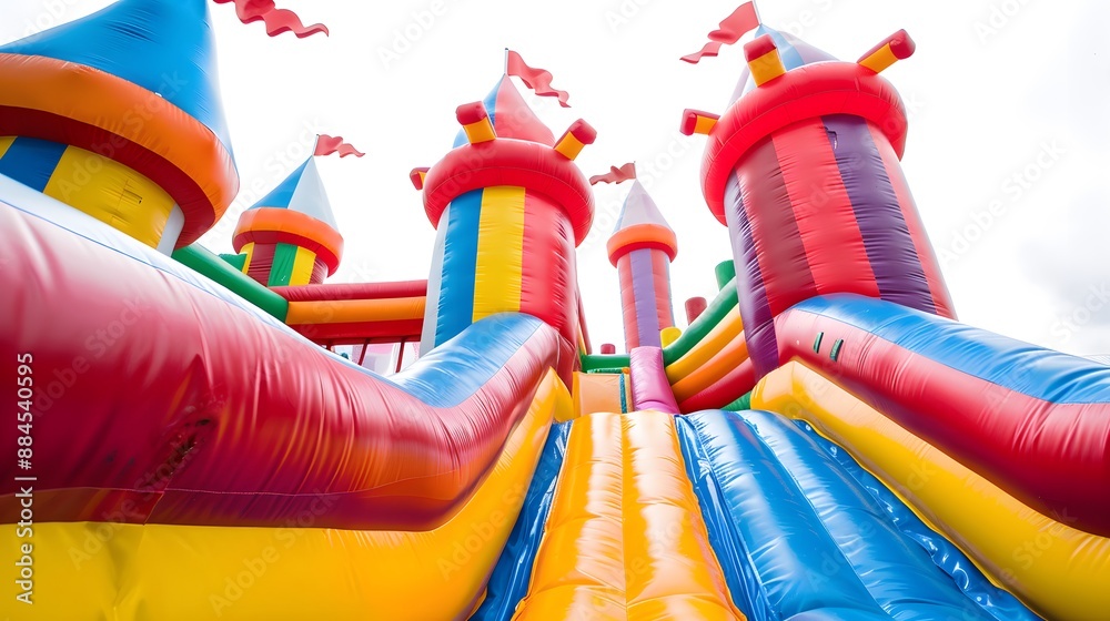Vibrant bounce house with slides and castle turrets against blue sky ...