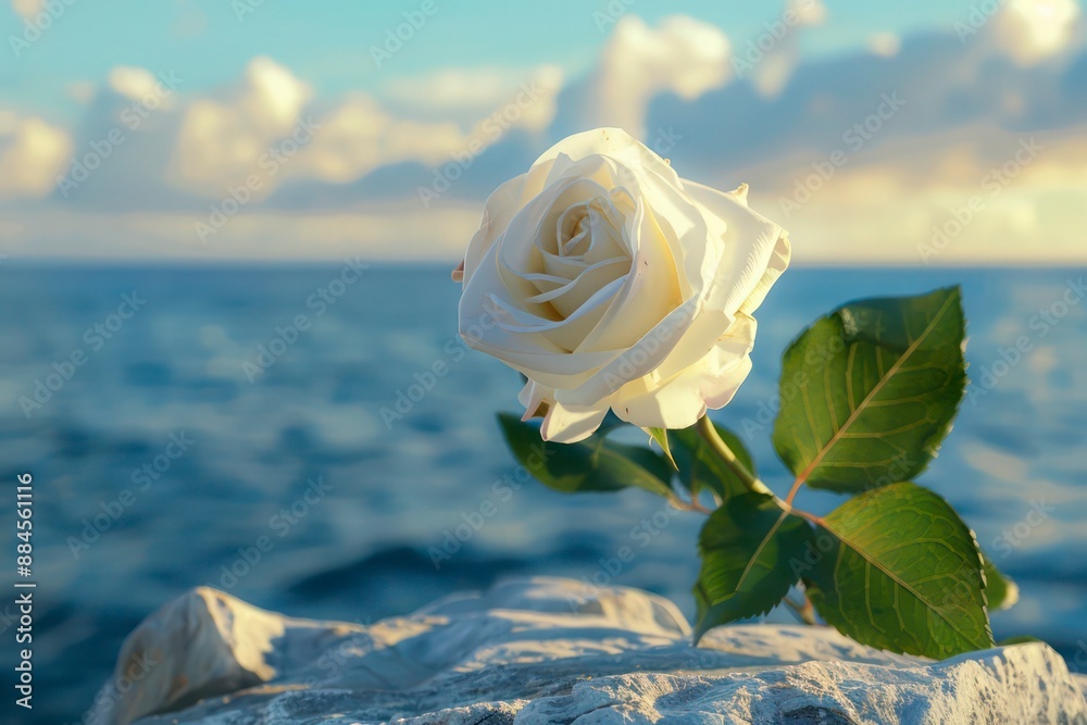 Single white rose on a rock on ocean background, outdoor funeral or ...