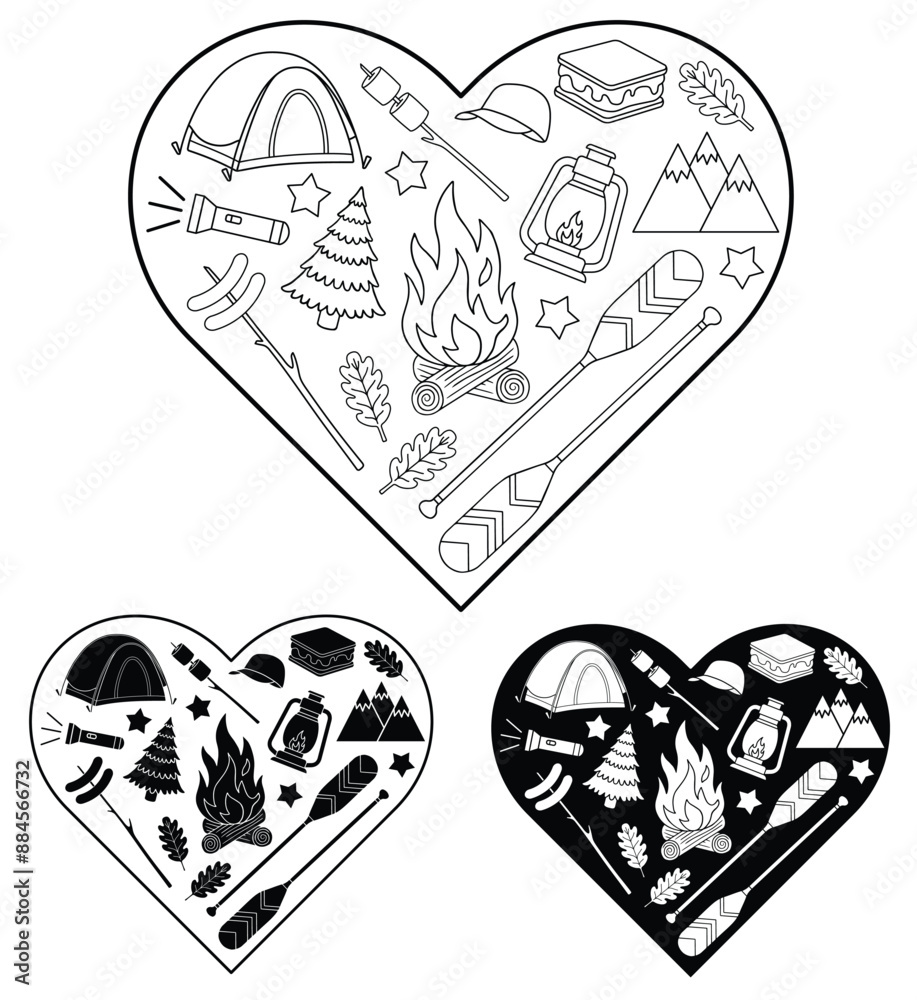 Cartoon Camping Heart Outline and Silhouette Illustration Clipart with ...