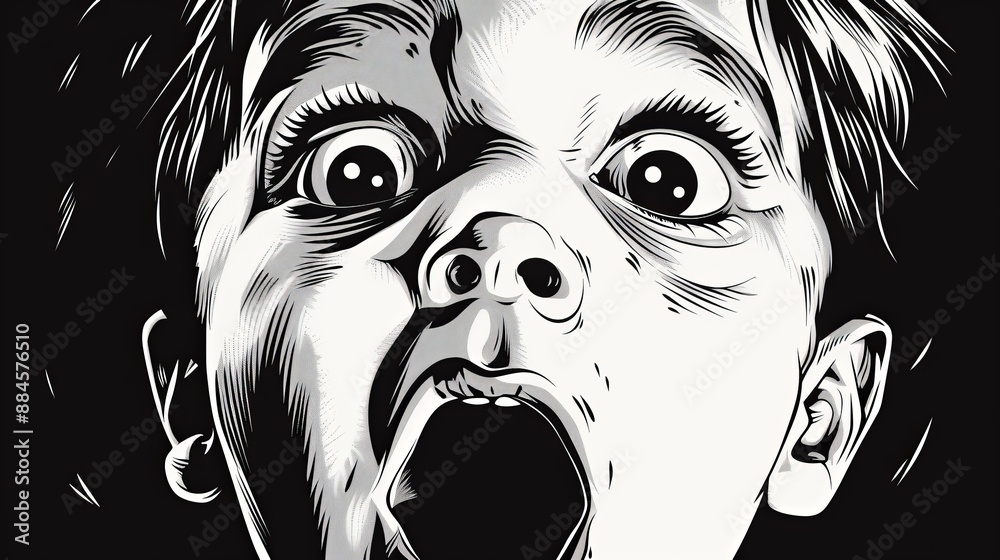 kid with open mouth, eyes. The emotion of fear, scared on face. kid is ...