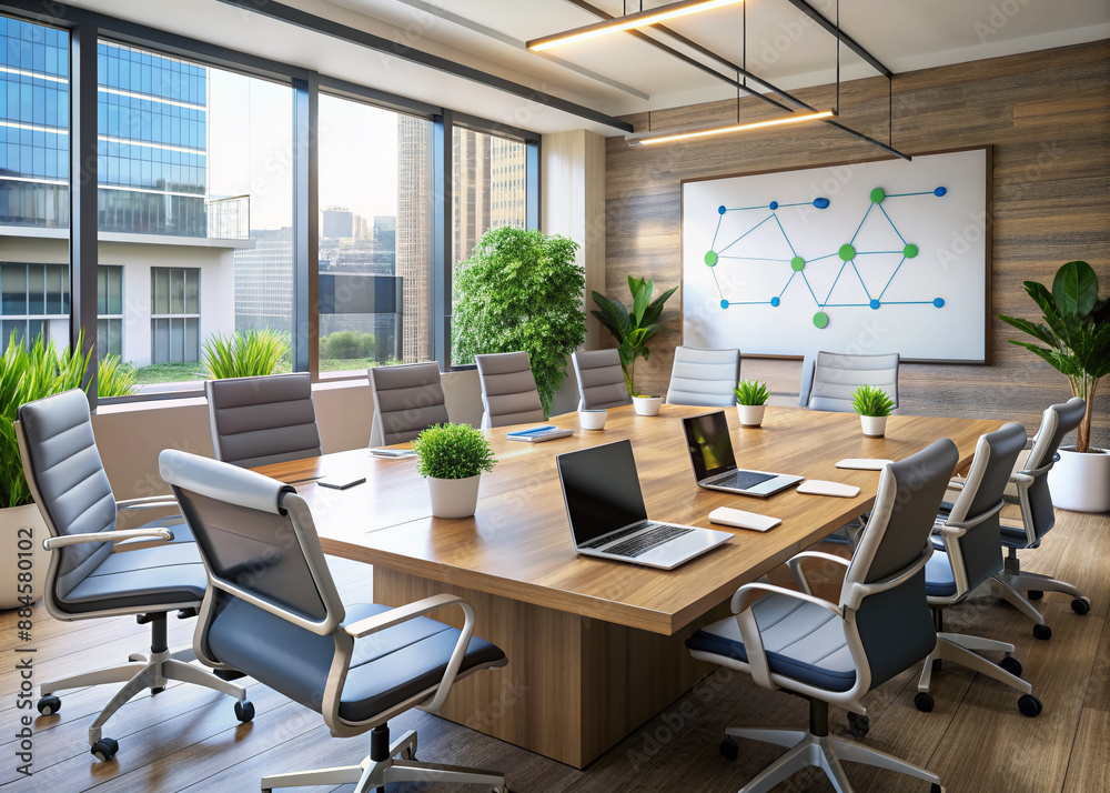 Modern conference room with empty chairs and tables, whiteboard with ...