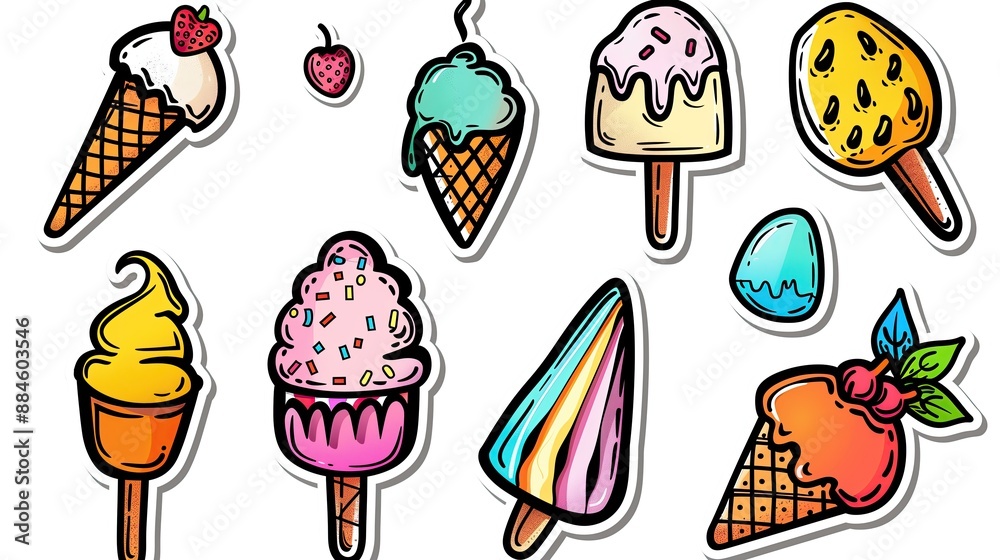 stickers collection, isolated cartoon, white background, vector ...