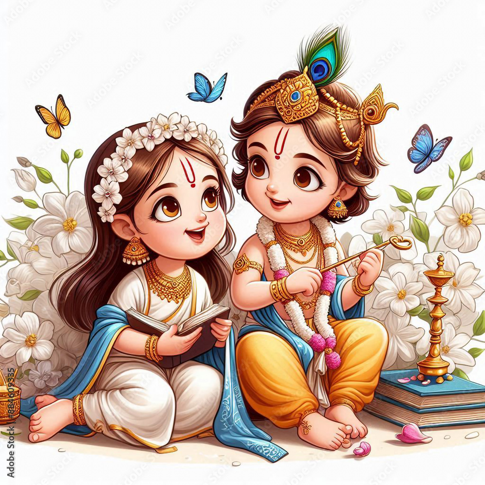 kid versions of Radha and Krishna playing together, symbolizing joy ...