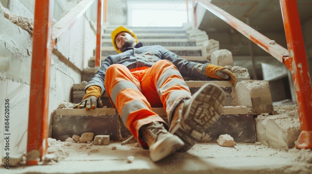 construction site worker There was an accident falling down the stairs ...