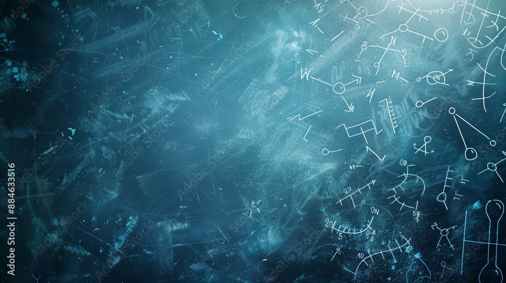 This image presents a chalkboard covered in complex physics formulas ...