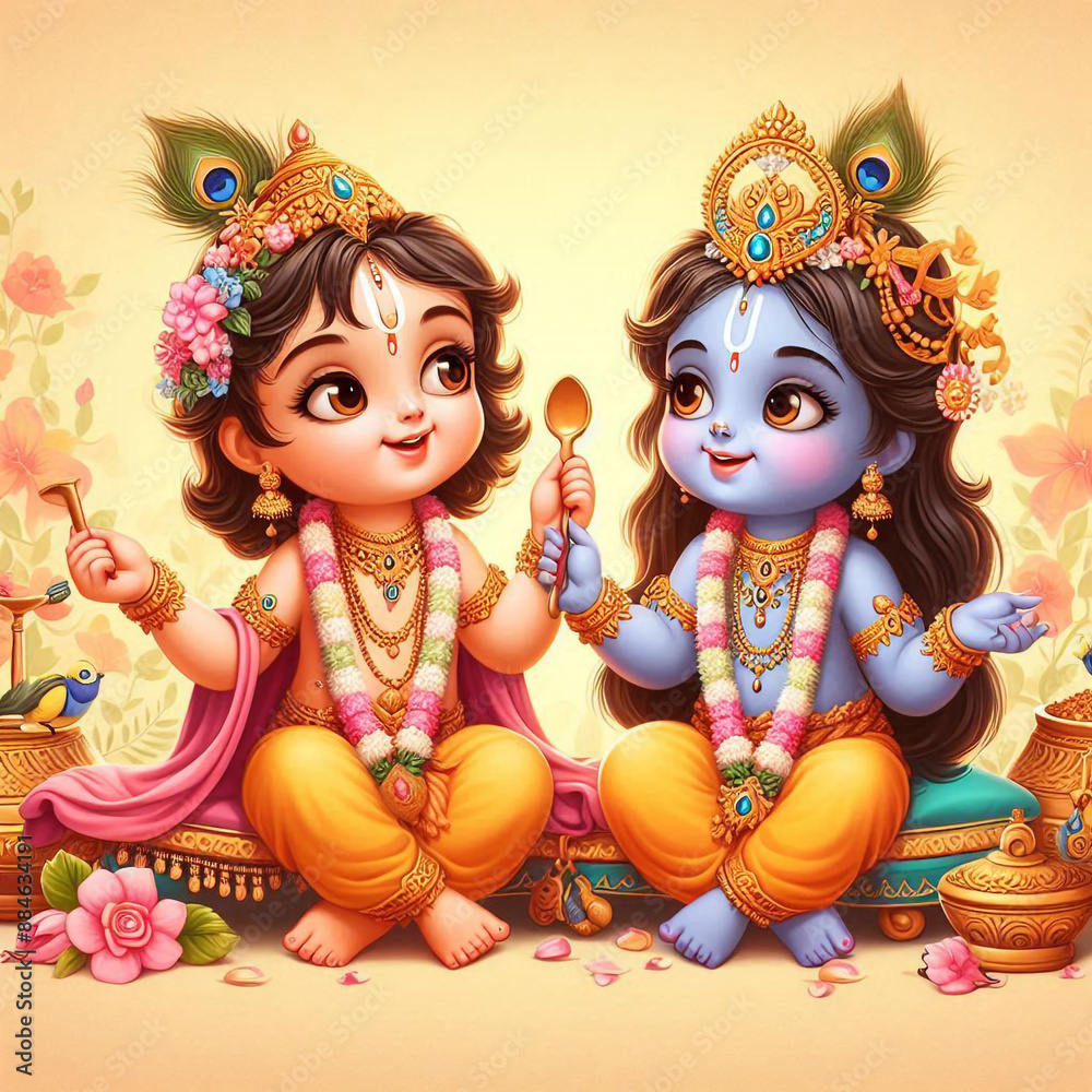 kid versions of Radha and Krishna playing together, symbolizing joy ...
