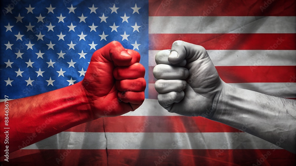 Two fists facing each other against the backdrop of the US flag ...
