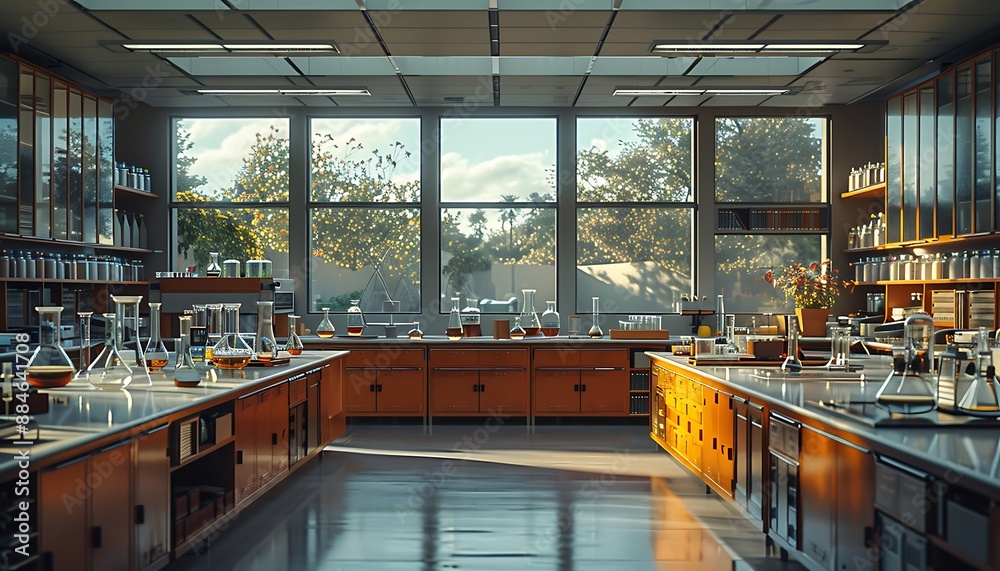 An empty science lab with clean, organized countertops and glass ...