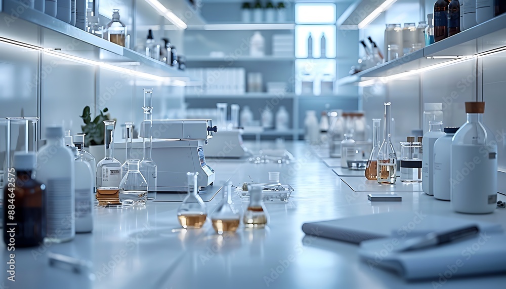 A clean and organized chemistry lab with empty lab stations, glassware ...