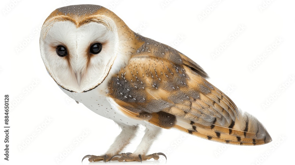 Majestic barn owl posing against a white backdrop, displaying its ...