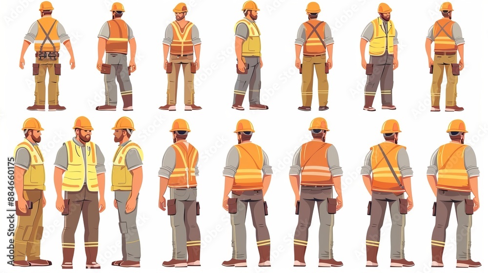 Sixteen construction workers are depicted from the rear view ...