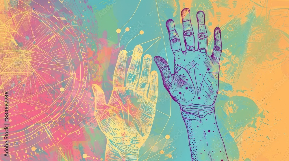 Predicting the future through palmistry with drawn lines and symbols on ...