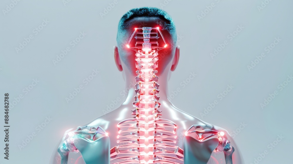 Medical illustration of human spine and neck with highlighted pain ...