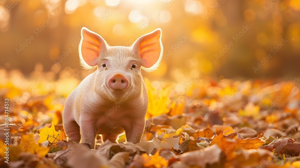 Adorable piglet sitting amidst a colorful autumn meadow filled with ...