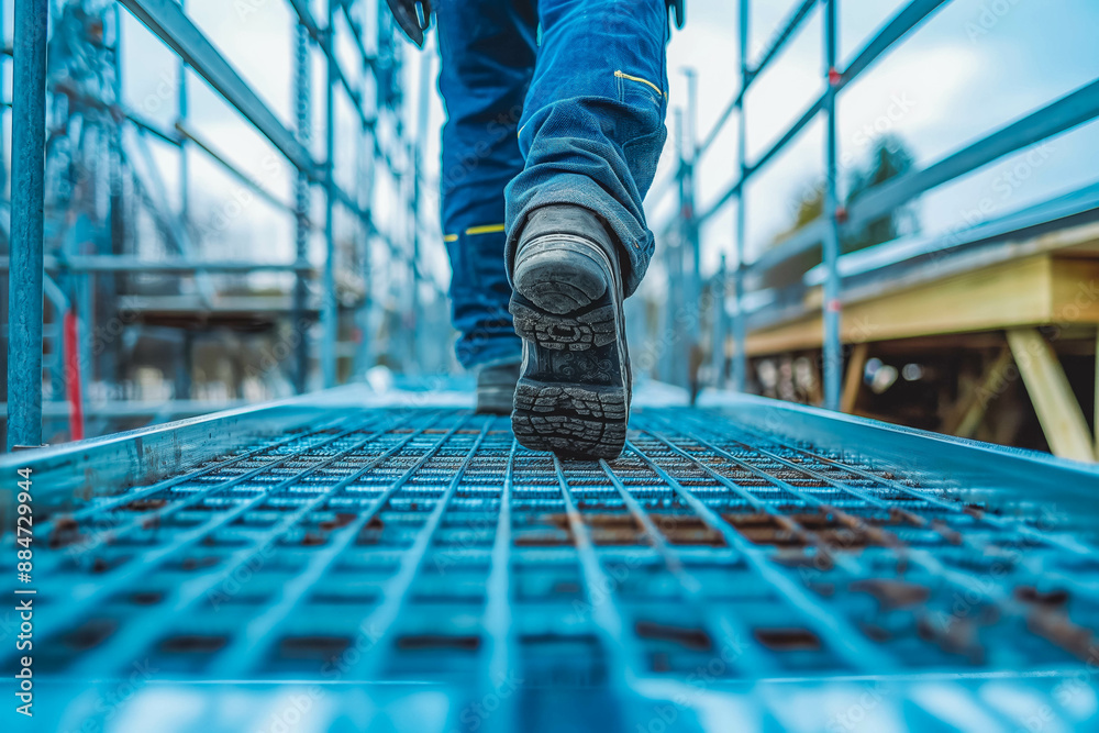 Стоковое фото «Close up of worker walking on metal platform at ...