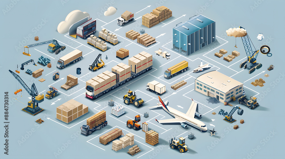 Isometric illustration depicting a modern industrial logistics ...