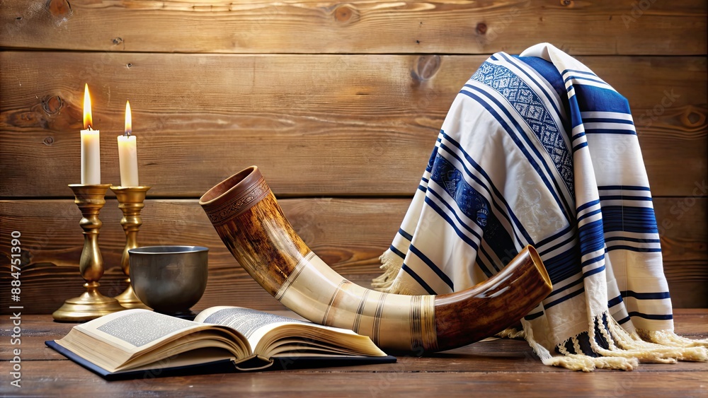 Yom Kippur symbols featuring a tallit, Torah, and Shofar , Yom Kippur ...