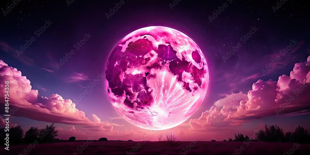 Enchanting photo of a large pink moon gracing the night sky with its ...