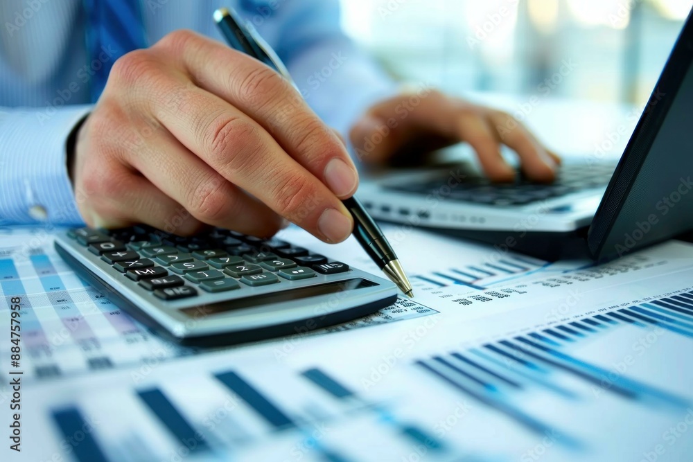 Professional businessman using a laptop and calculator to perform ...