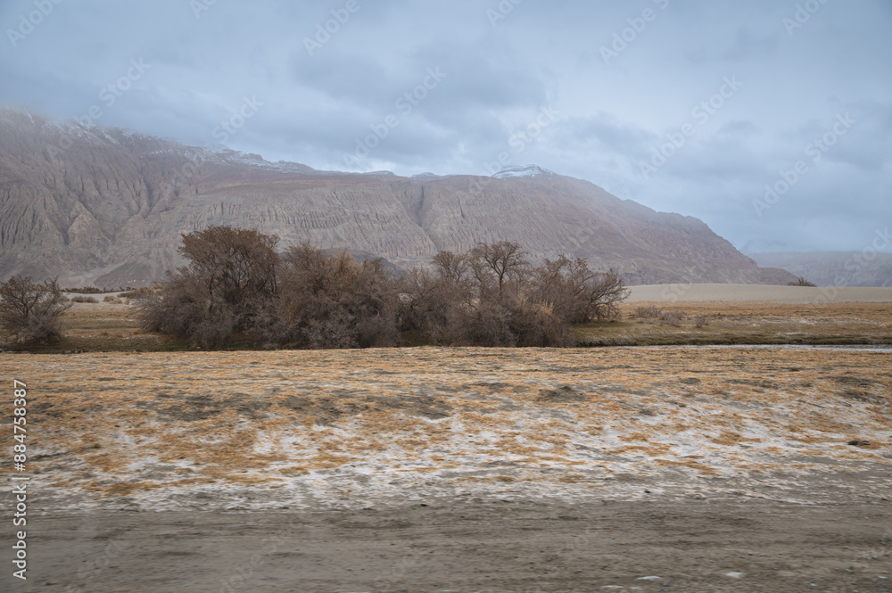 Cold desert landscape from Nubra Valley in Ladakh, India. Sand roads ...