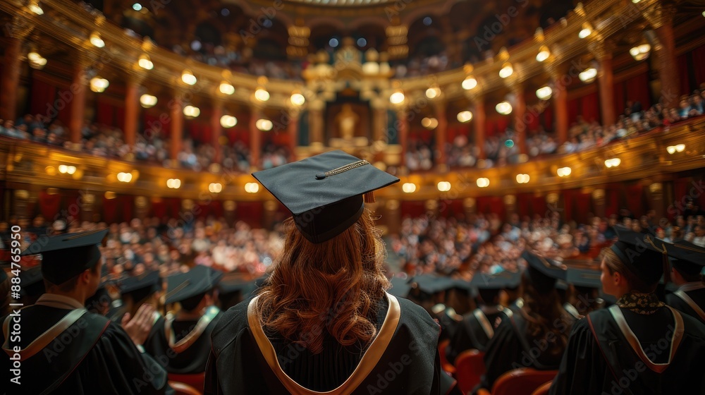 Graduation ceremony in a grand hall with graduates in caps and gowns ...