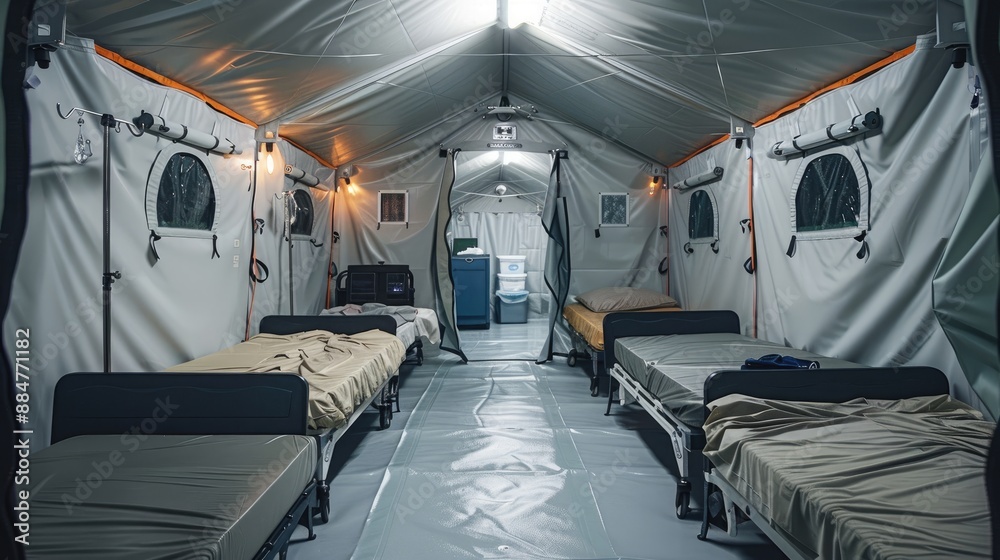 Interior of a military medical field tent with multiple beds, essential ...