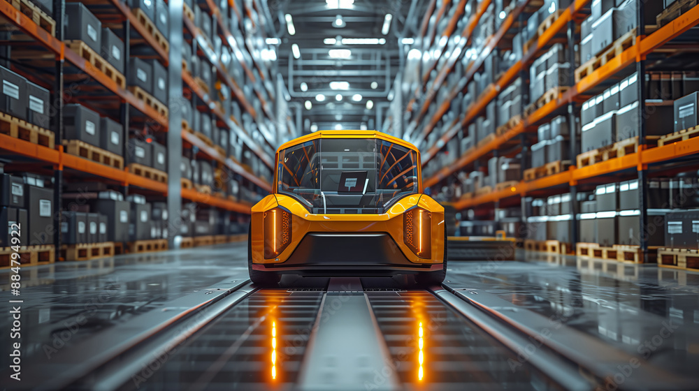 Automated Guided Vehicle in Warehouse. Bright orange automated guided ...