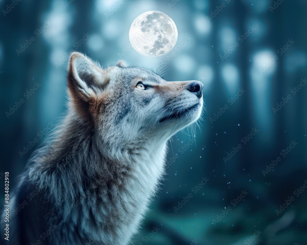 Wolf Howling at Full Moon in Forest, Nighttime Wildlife Photography, Majestic Predator Under ...