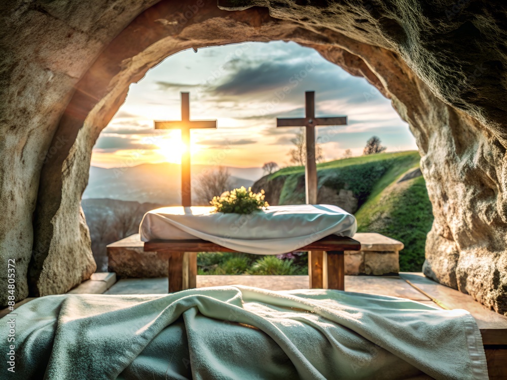 Easter sunrise at Jesus' empty tomb with three crosses, symbolizing ...
