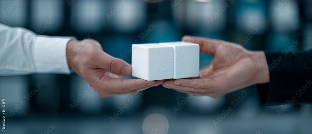 Business professionals exchanging cubes of specialty goods during a ...