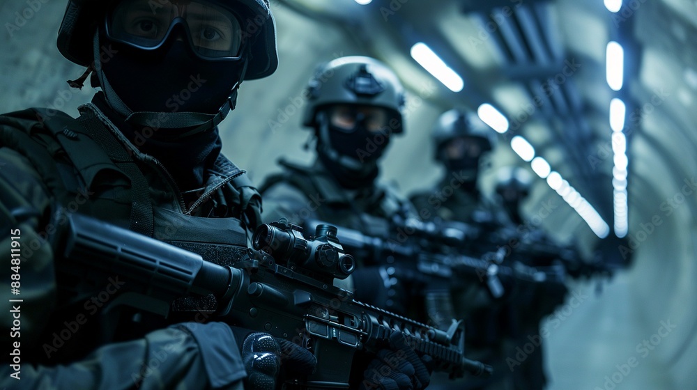 Special forces team examining a variety of hightech guns in a secure ...