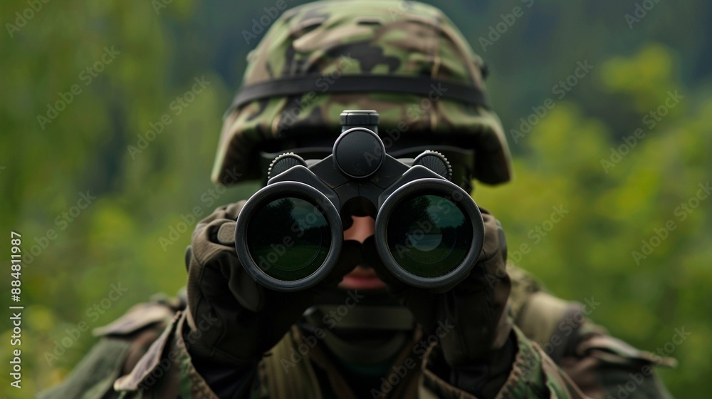 Soldier using binoculars for reconnaissance from a hidden vantage point ...