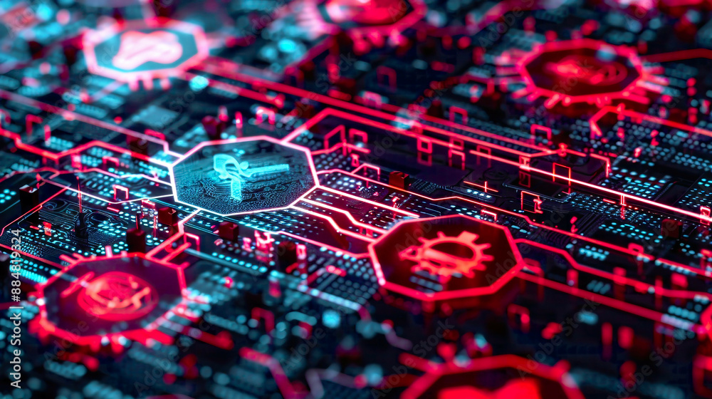 Cyber attack warning symbols over a network map mixed media danger of hack attacks ...